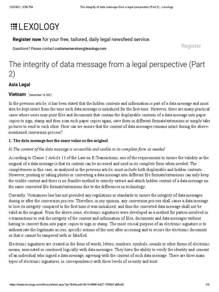 The Integrity of Data Message From A Legal Perspective (Part 2 ...