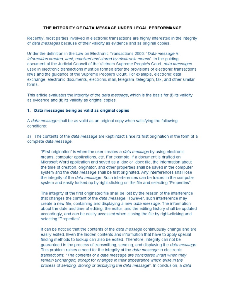 The Integrity of Data Message Under Legal Performance | PDF | Computer ...