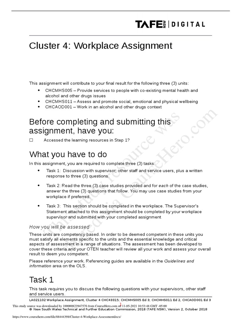 Cluster 4 Workplace Assessment | PDF | Mental Health | Substance Abuse
