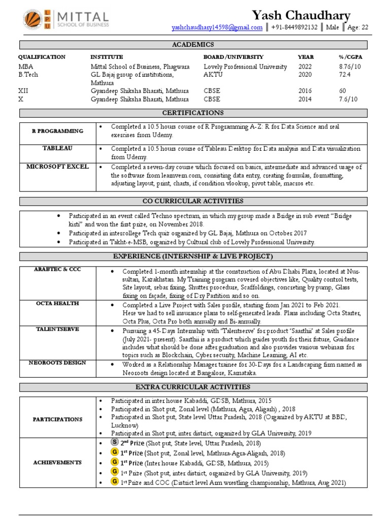 CV Yash Chaudhary | PDF | Computing | Computer Science