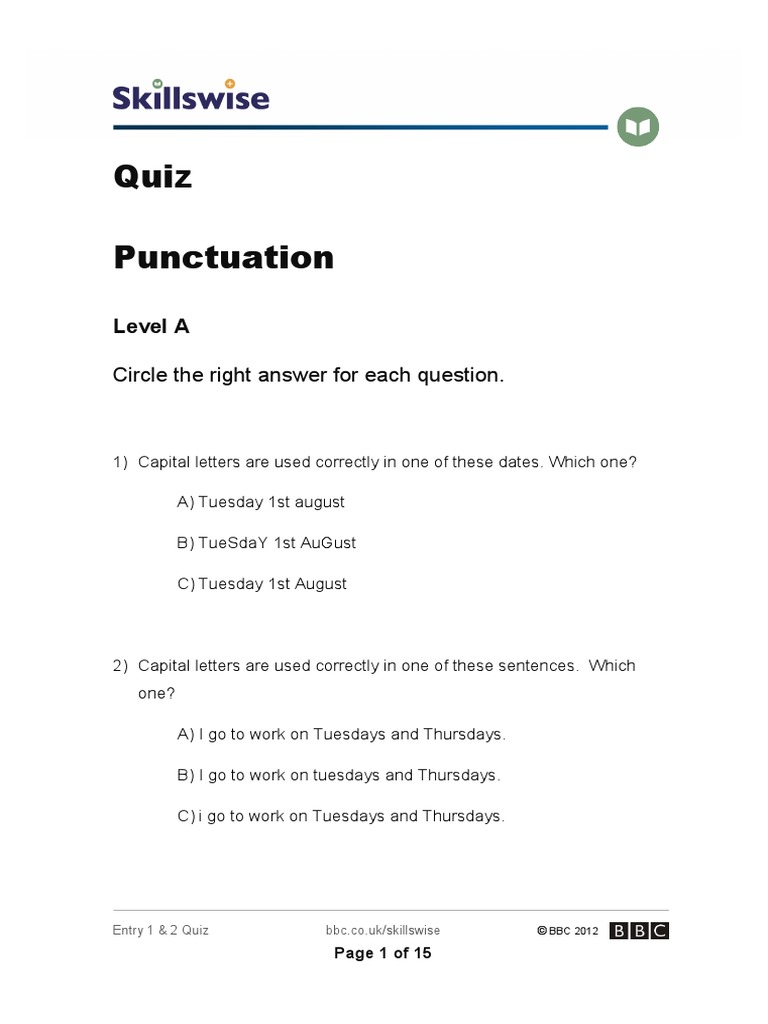 Quiz Punctuation: Level A | PDF | Orthography | Punctuation