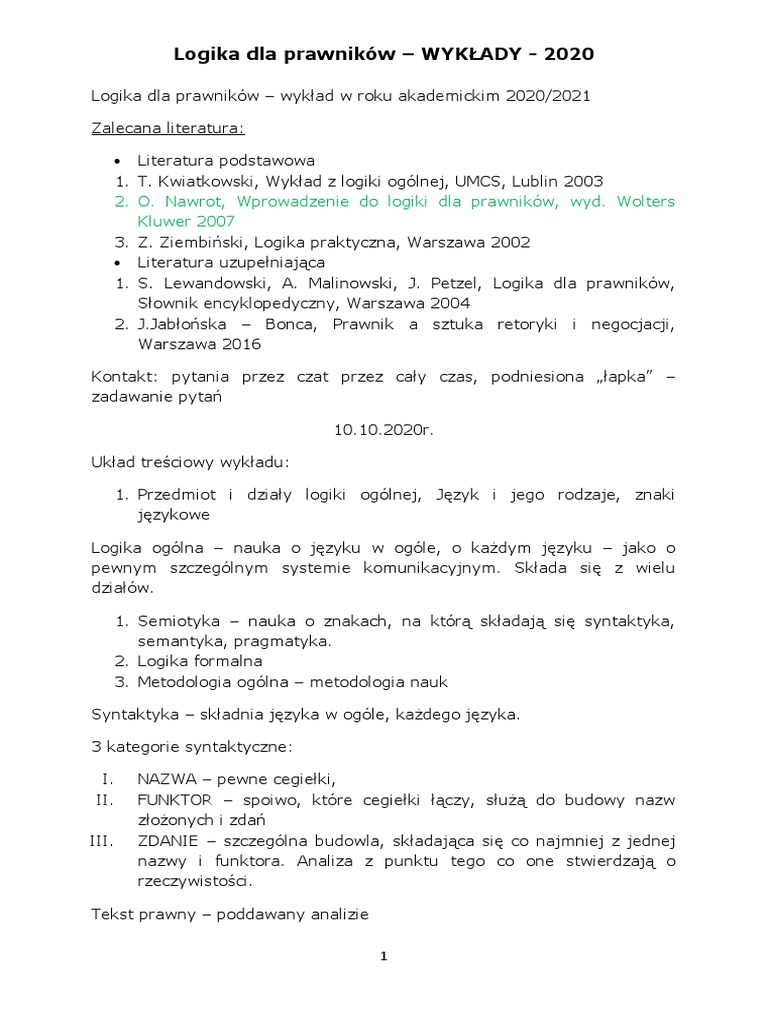 Logika Dla Prawników - 2020 - WYKŁAD | PDF