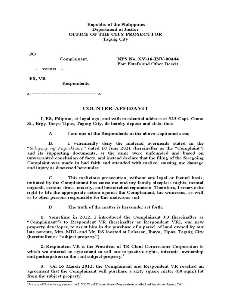 Sample Counter-Affidavit (JMTE) | PDF | Fraud | Crime & Violence
