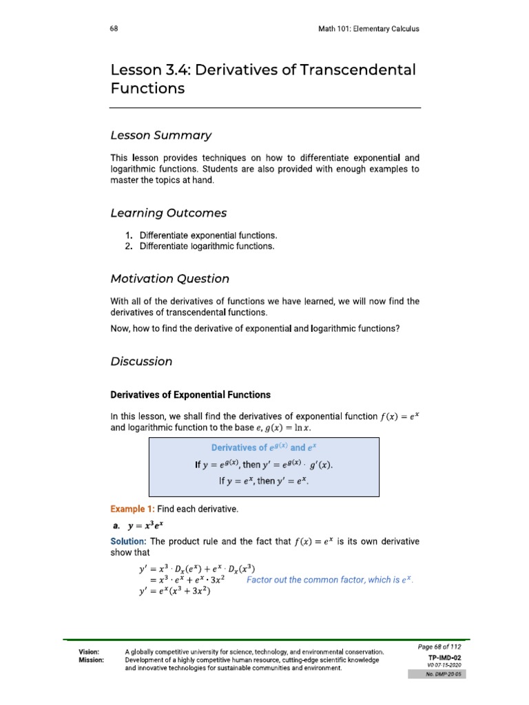 Lesson 3.4 Derivatives of Transcendental Functions - 101804 | PDF
