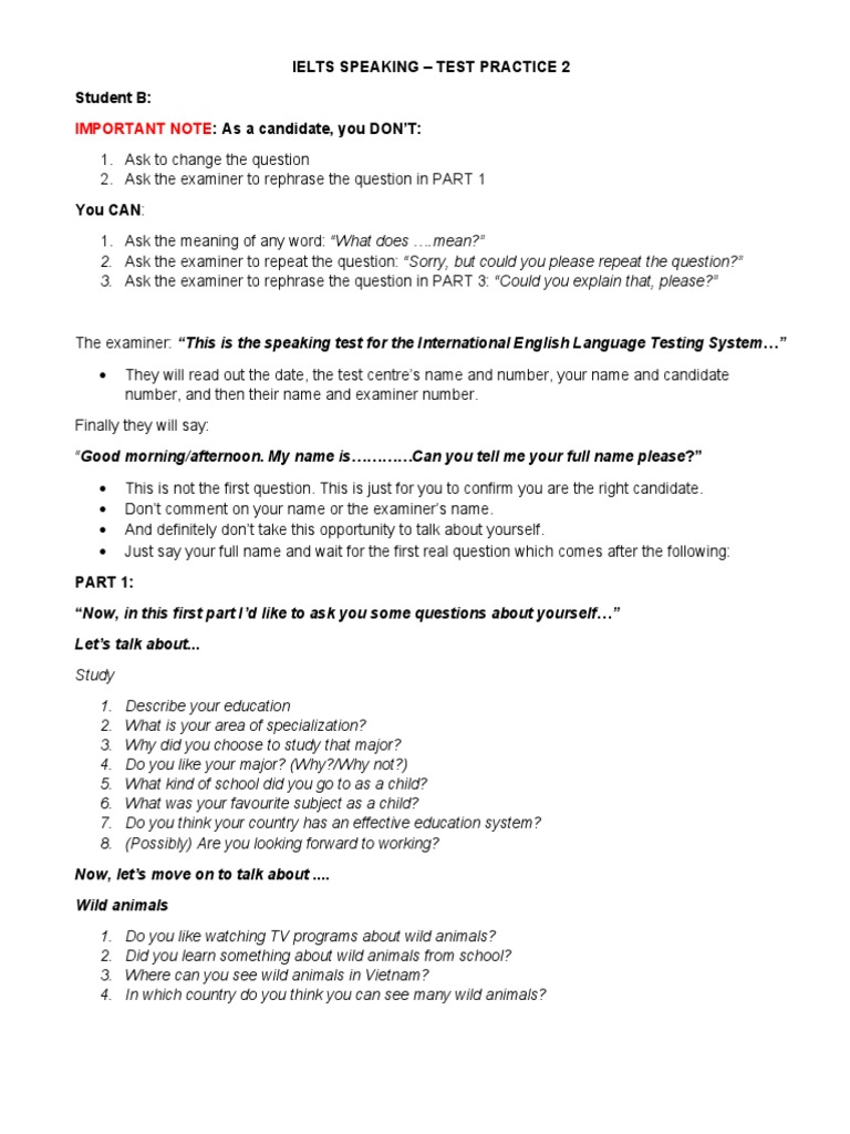 Ielts Speaking Test Practice 2 Stb Pdf Question Cognition