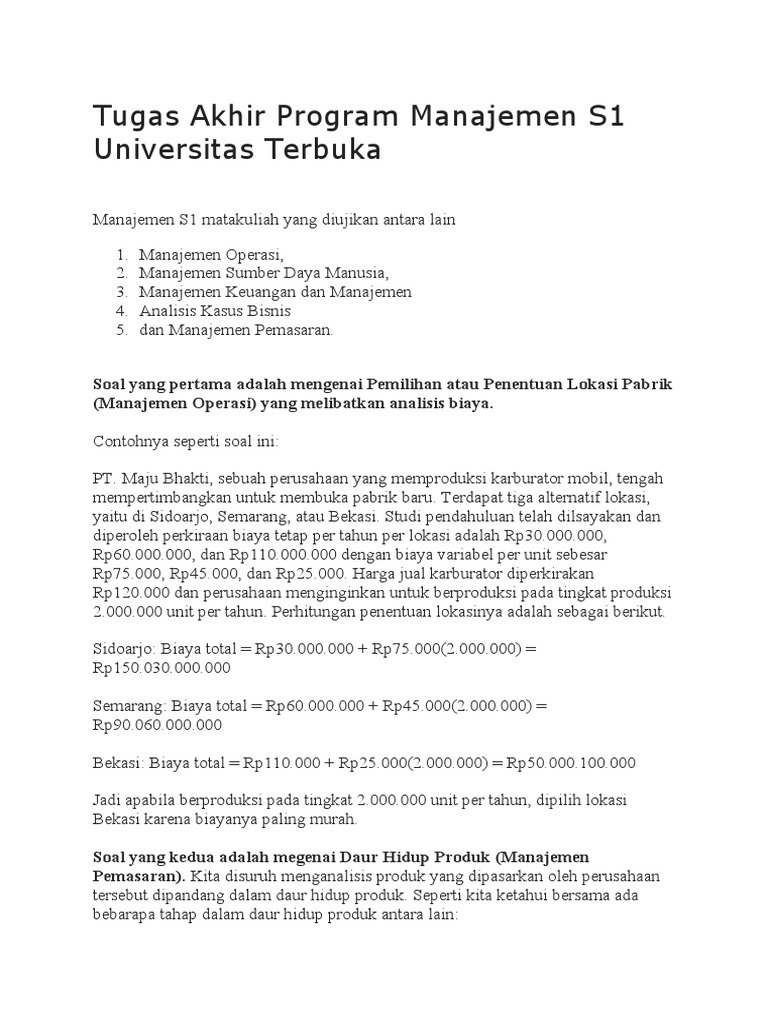 Tugas Akhir Manajemen S1 UT | PDF