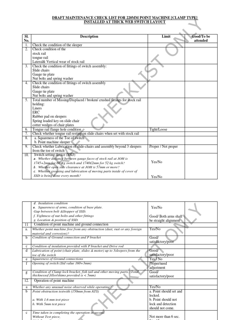 Point Machine Maintenance Checklist | PDF | Track (Rail Transport ...