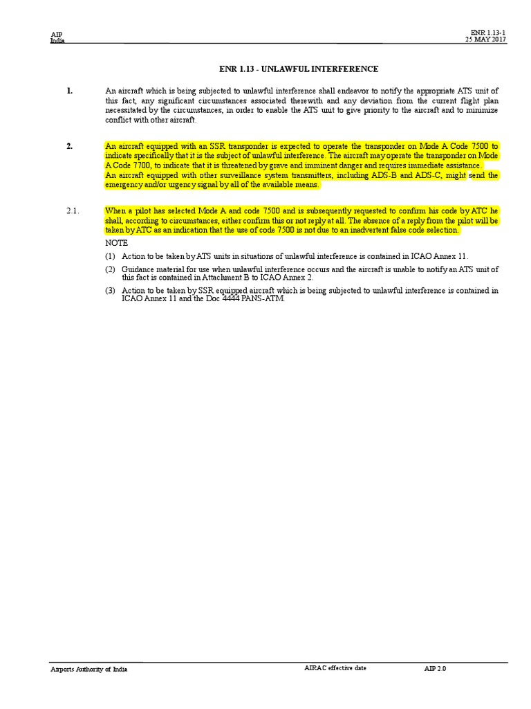 ENR 1.13 - Unlawfulinterference | PDF | Transponder (Aeronautics ...