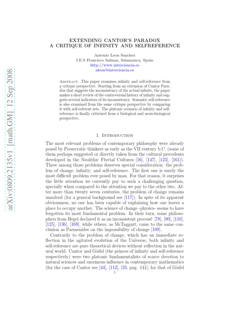 0809.2135v1 (1) Cantor Paradox | PDF | Infinity | Theorem