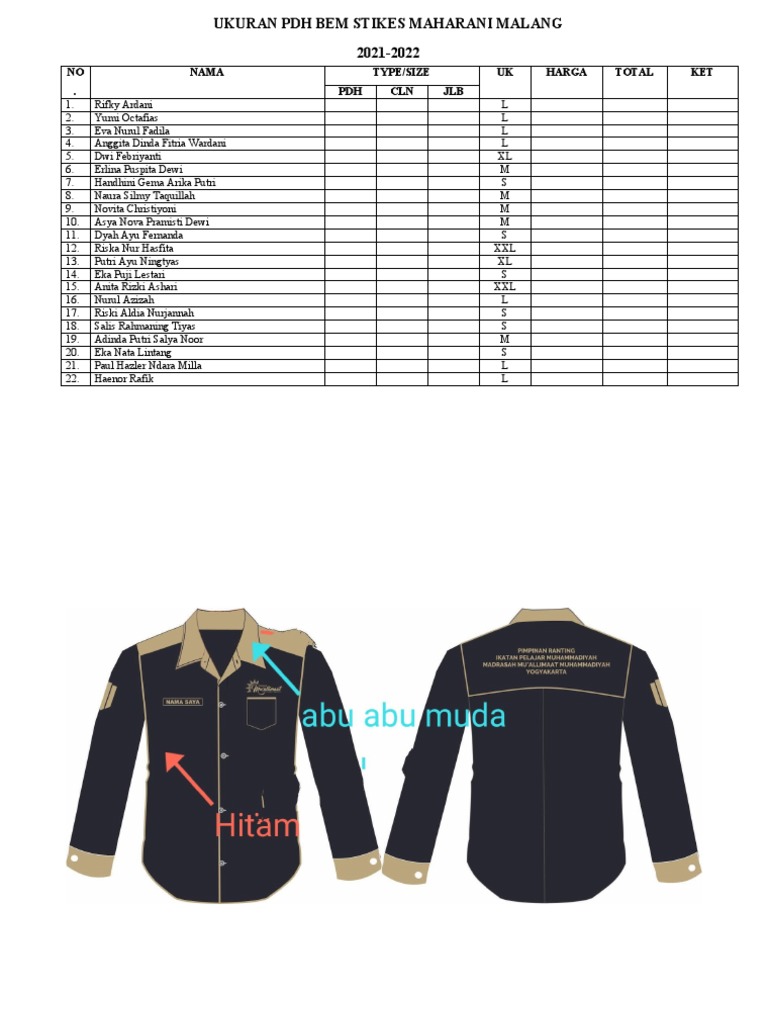 Daftar Ukuran PDH BEM STIKES Maharani Malang 2021-2022 | PDF