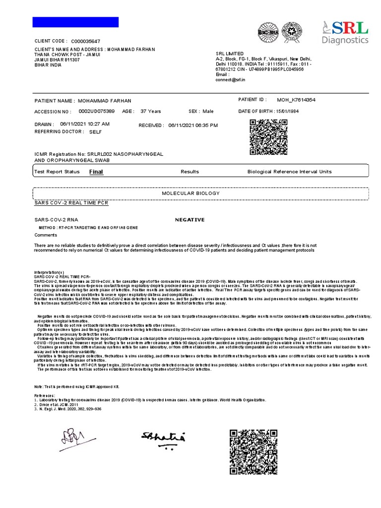 Mohammad Farhan - PCR Test Report 2 | PDF | Infection | Virus