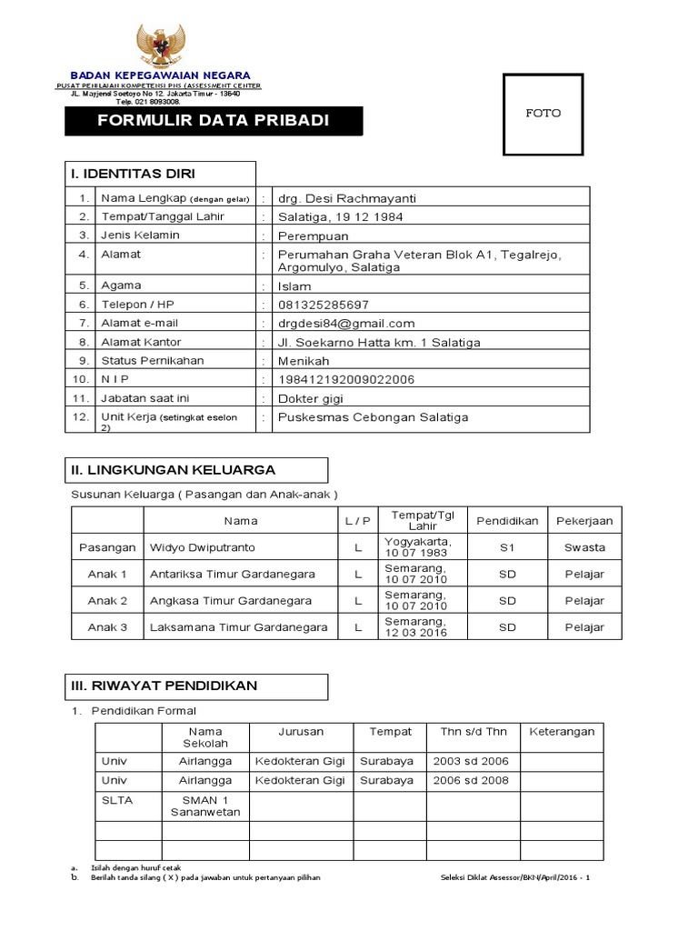 Form Daftar Riwayat Hidup BKN | PDF