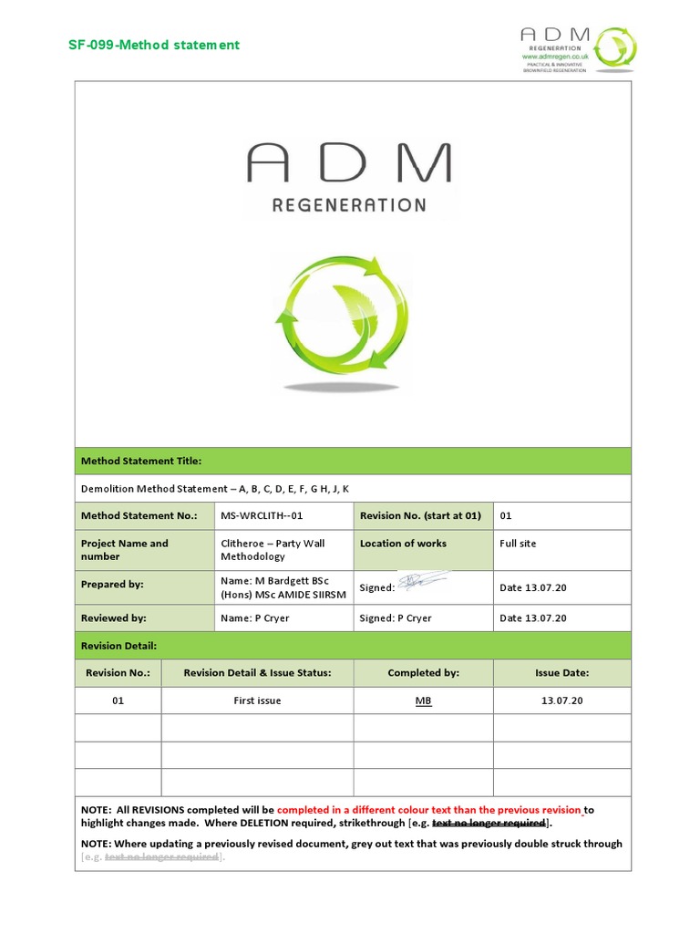 20 0650 Demolition Method Statement | PDF | Demolition | Scaffolding