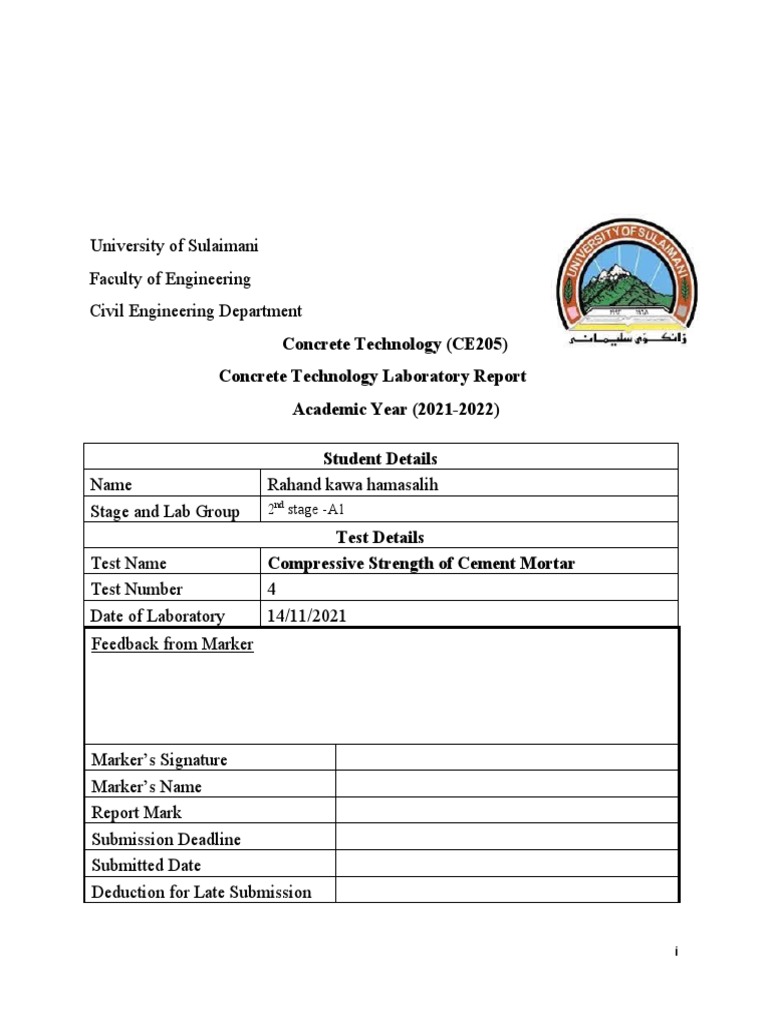 Concrete Lab Report No. 4 Compressive Strength For Cement Mortar ...