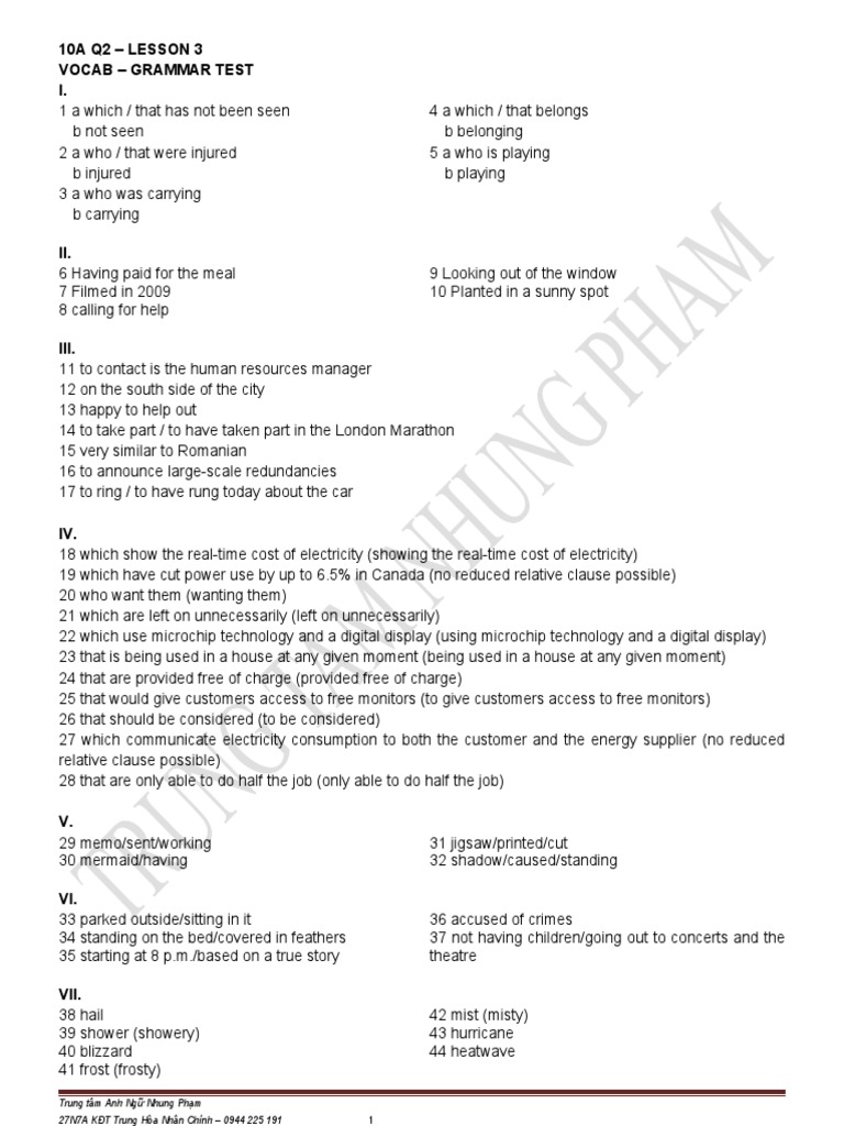 10A Q2 - Lesson 3 Vocab - Grammar Test I.: Trung Tâm Anh NG Nhung PH M ...