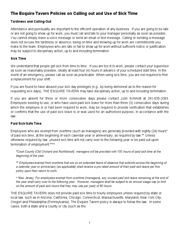 Calling in and Sick Time Policies | PDF | Sick Leave | Overtime