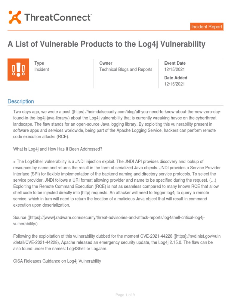 A List of Vulnerable Products To The Log4j Vulnerability: Description | PDF | Vulnerability ...