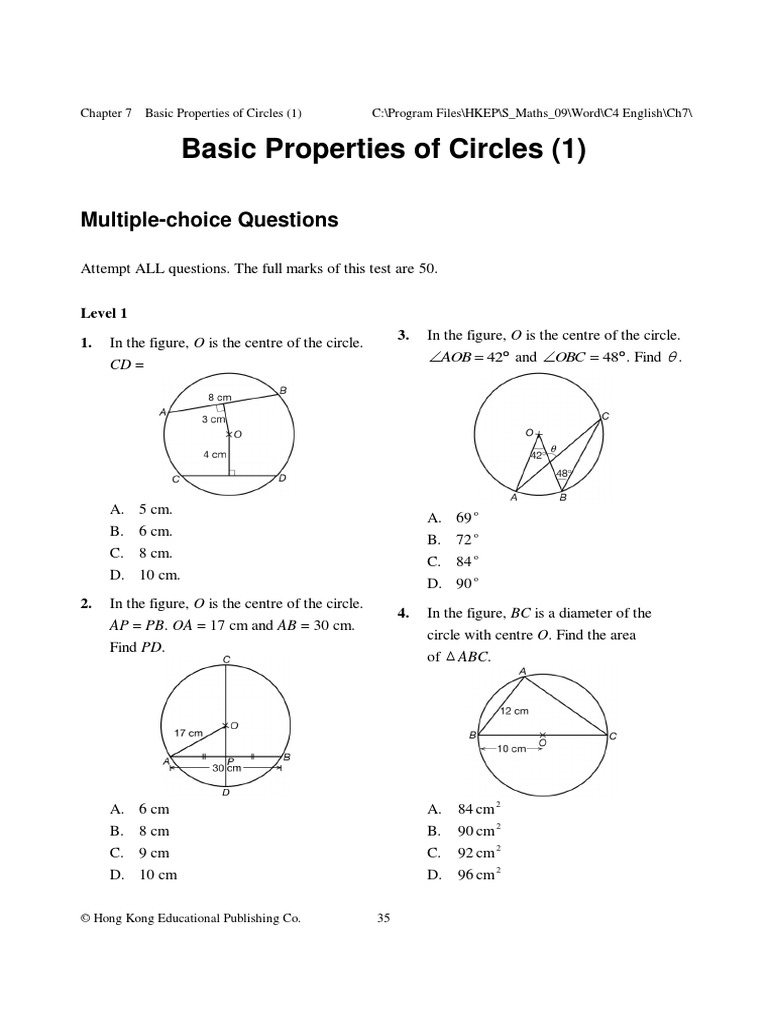 Basic Properties of Circles (1) : Multiple-Choice Questions | PDF ...