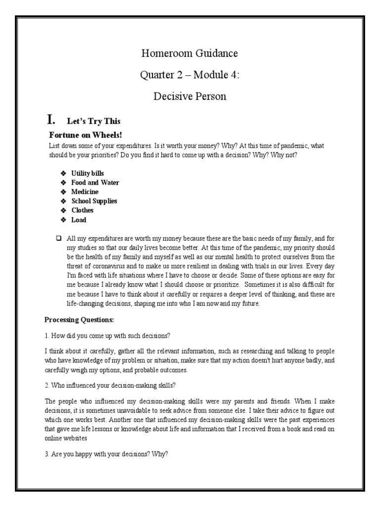 Homeroom Guidance Quarter 2 - Module 4: Decisive Person: Let's Try This Fortune On Wheels! | PDF ...