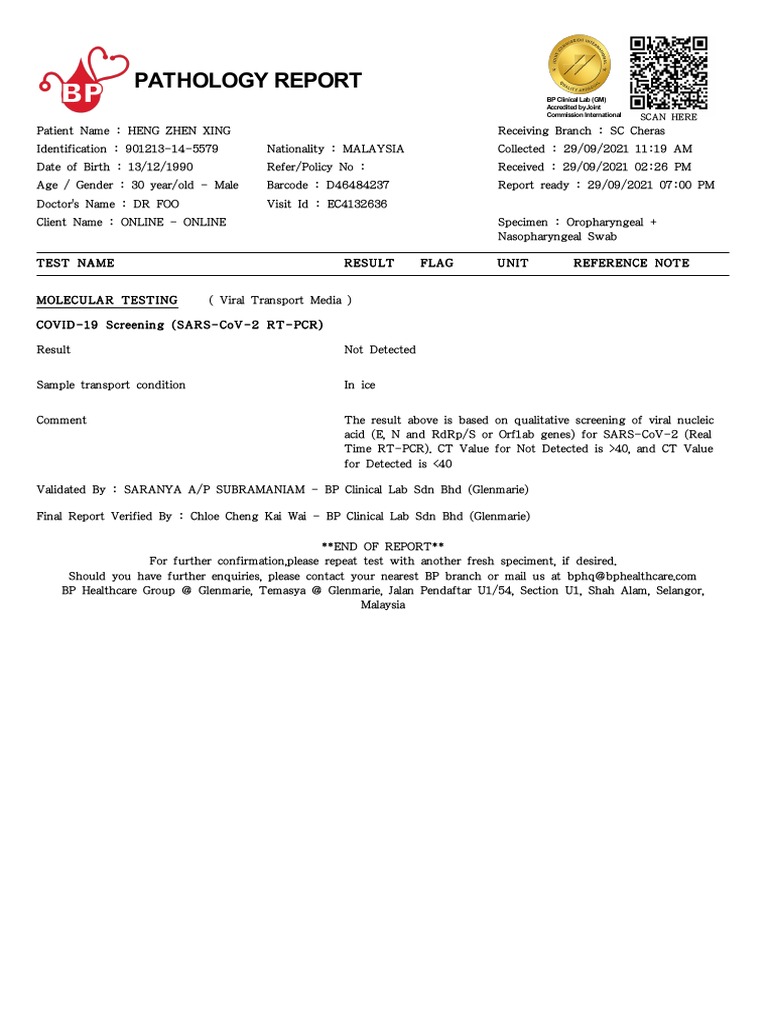 COVID-19 RT-PCR Test Result Report | PDF