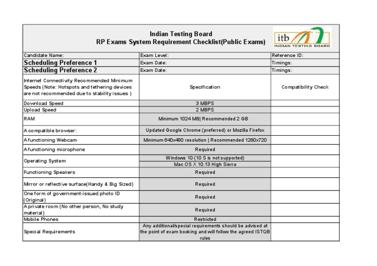 Indian Testing Board RP Exams System Requirement Checklist (Public ...