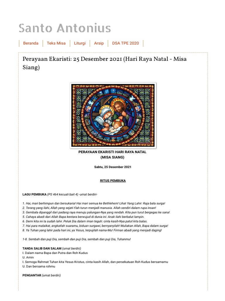 Santo Antonius - Perayaan Ekaristi - 25 Desember 2021 (Hari Raya Natal - Misa Siang) | PDF