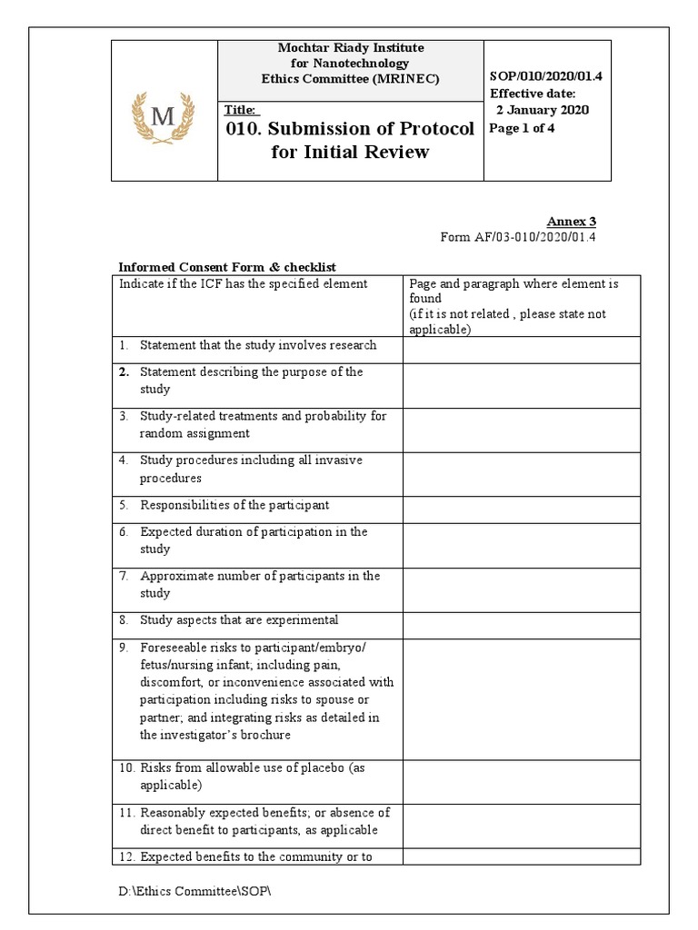 Initial Review - Version 4 - Annex 3 Informed Consent Form & Checklist ...