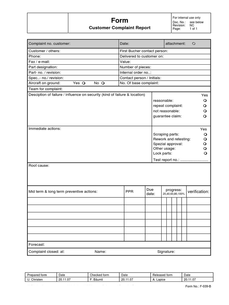 Customer Complaint Report Form | PDF