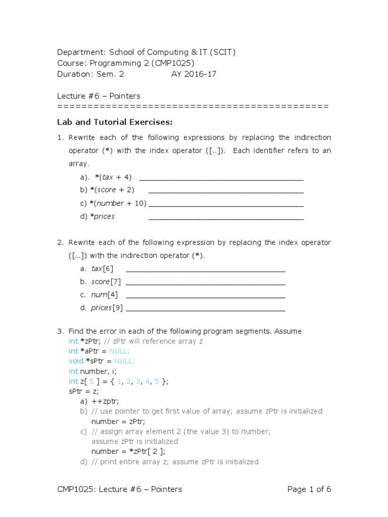 UTech CMP1025 Tutorial Lab #6 - Pointers | PDF | Pointer (Computer Programming) | Array Data ...