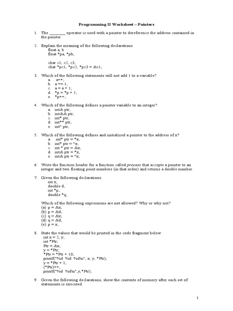 Programming II Worksheet - Pointers | PDF | Pointer (Computer Programming) | Integer (Computer ...