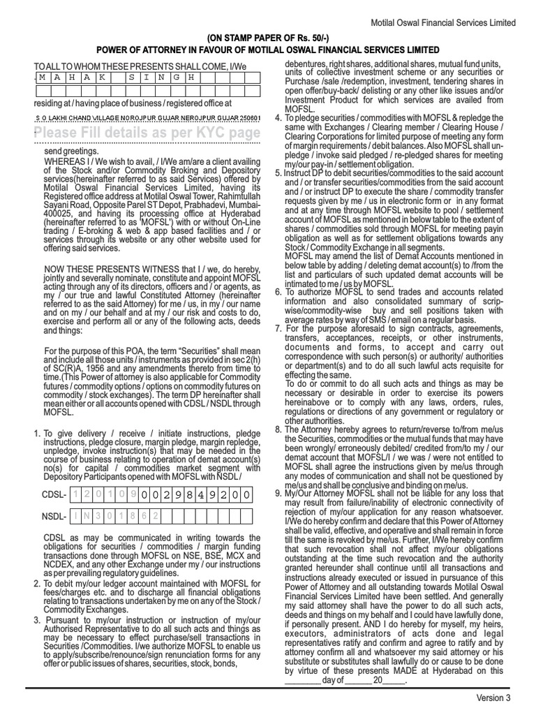 Power of Attorney in Favour of Motilal Oswal Financial Services Limited ...