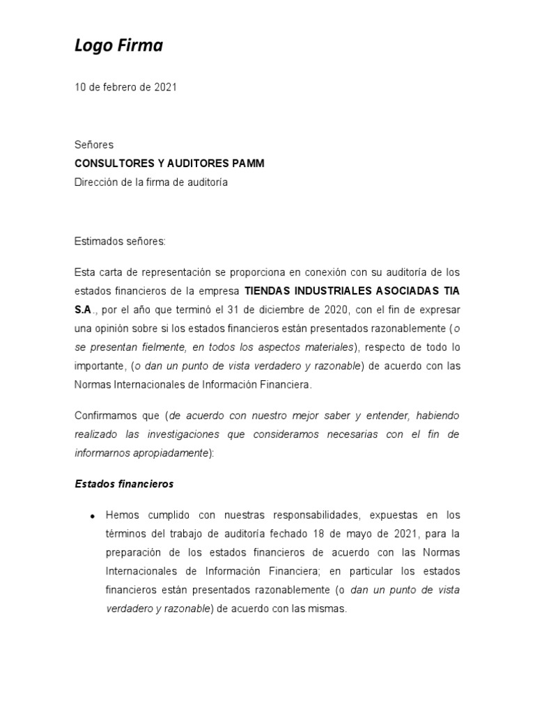 Modelo Carta de Representacion | PDF | Estado financiero | Auditoría