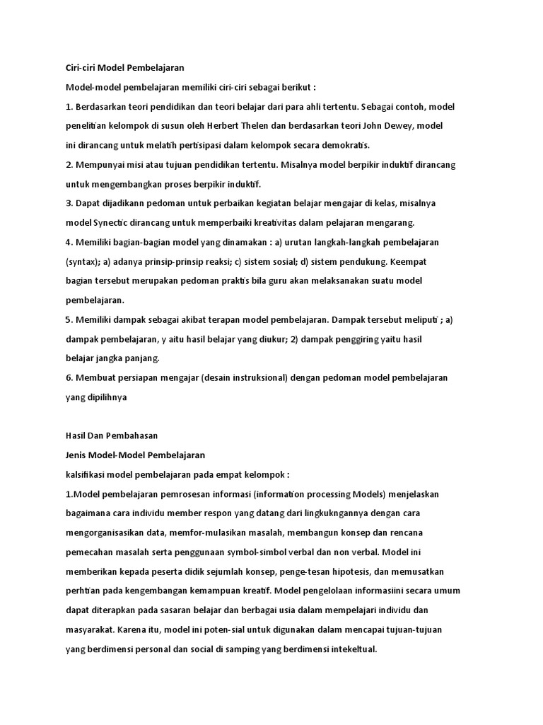 Ciri-Ciri Model Pembelajaran | PDF | Pengembangan Diri