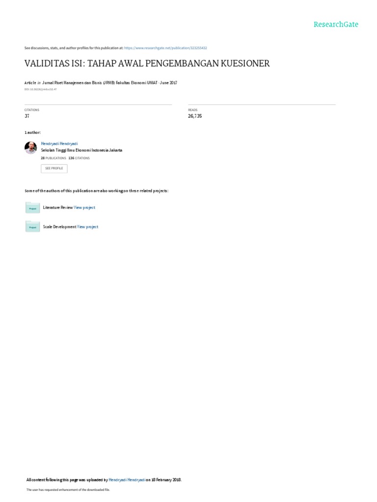 Validitas Isi: Tahap Awal Pengembangan Kuesioner | PDF | Validity ...