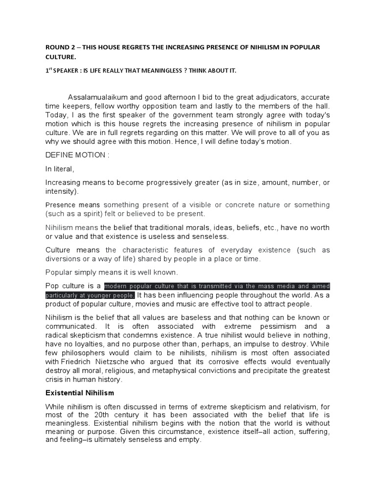 EXAMPLE DEBATE SPEECH 1st SPEAKER | PDF | Nihilism | Philosophical Theories