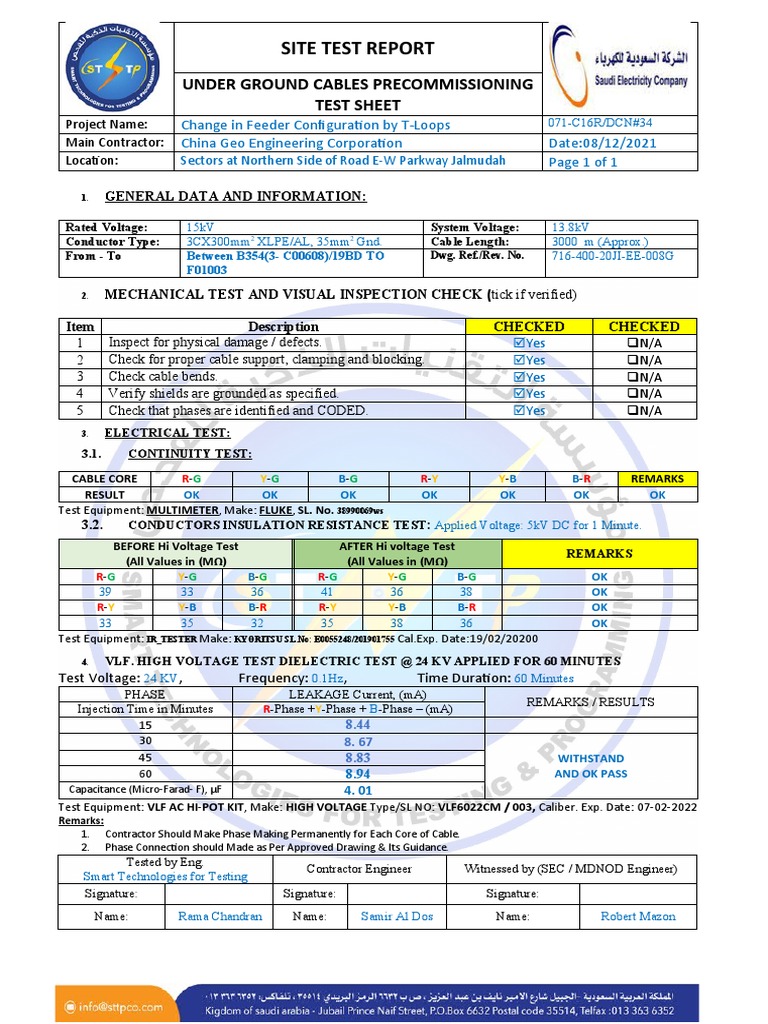 Site Test Report: Under Ground Cables Precommissioning Test Sheet | PDF ...