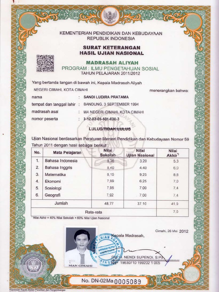 Transkrip Un - Uan Slta - Sandiludirapratama | PDF