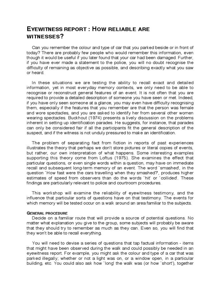 Yewitness Report Ow Reliable Are Witnesses: Eneral Procedure | PDF ...