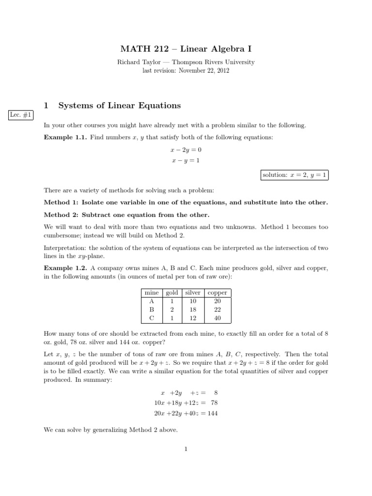 Math 212 Notes | PDF | System Of Linear Equations | Matrix (Mathematics)