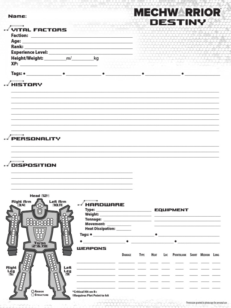Battletech: Mechwarrior Destiny Sheet | PDF | Gaming | Role Playing Games