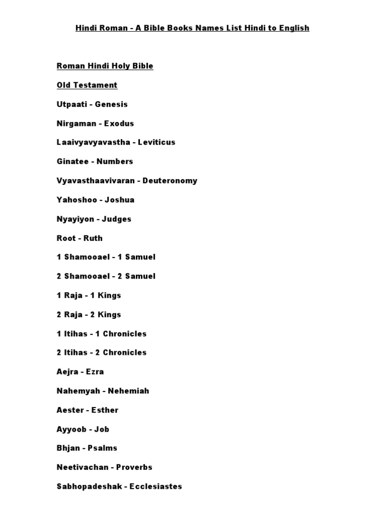Hindi Roman - A Bible Books Names List Hindi Roman To English | PDF