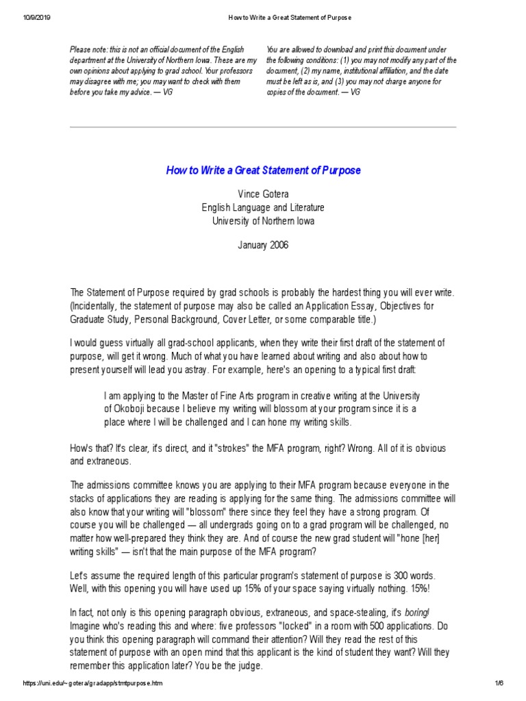 How To Write A Great Statement of Purpose | PDF | Graduate School ...