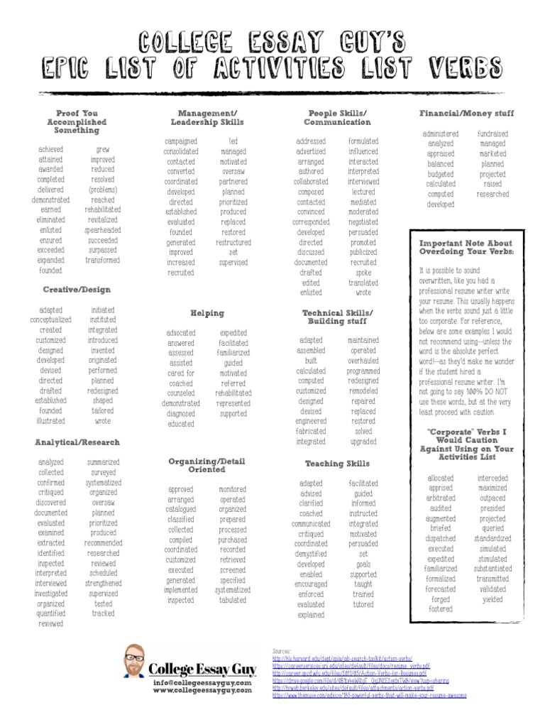 Epic Activity Verbs for College Essays | PDF | Writers | Communication