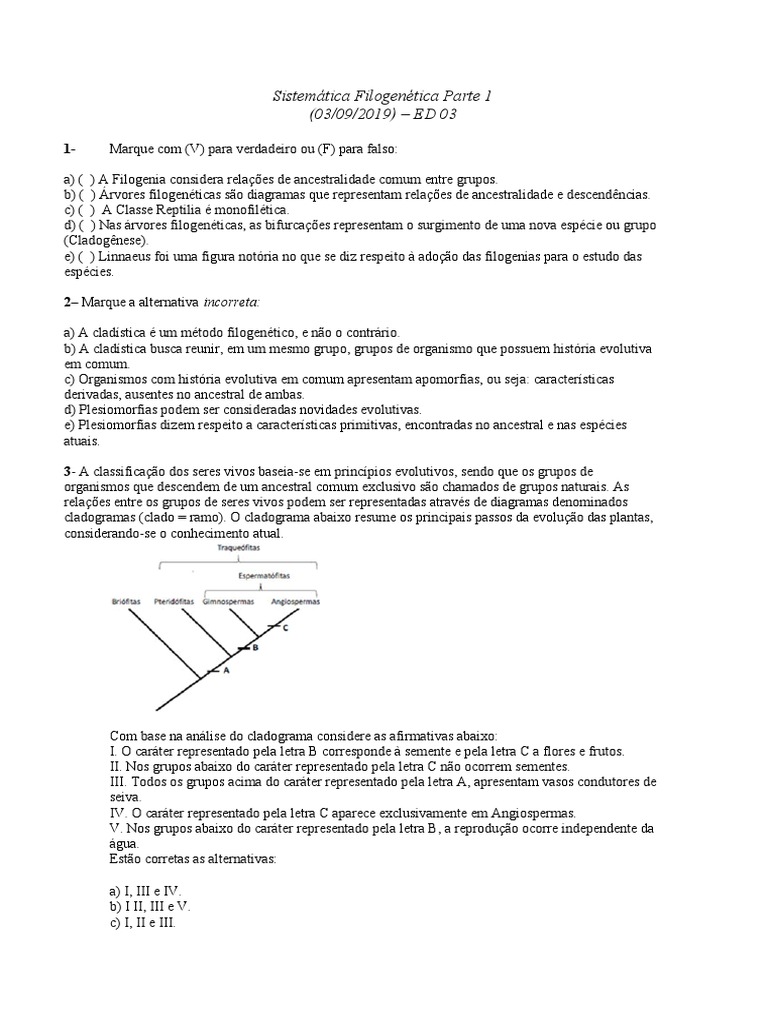 Sistemática Filogenética Parte 1: Conceitos Básicos e Exercícios sobre ...