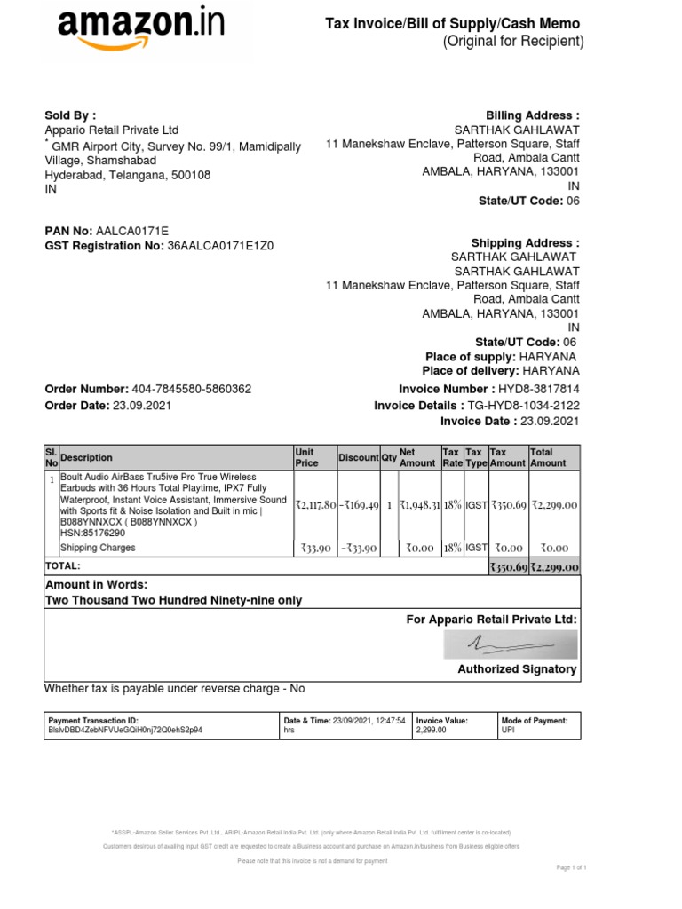 Purchase Invoice for Boult Audio AirBass Tru5ive Pro True Wireless ...