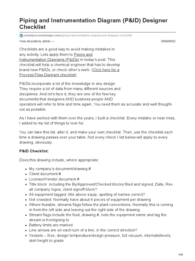 Piping and Instrumentation Diagram PID Designer Checklist | PDF | Valve ...