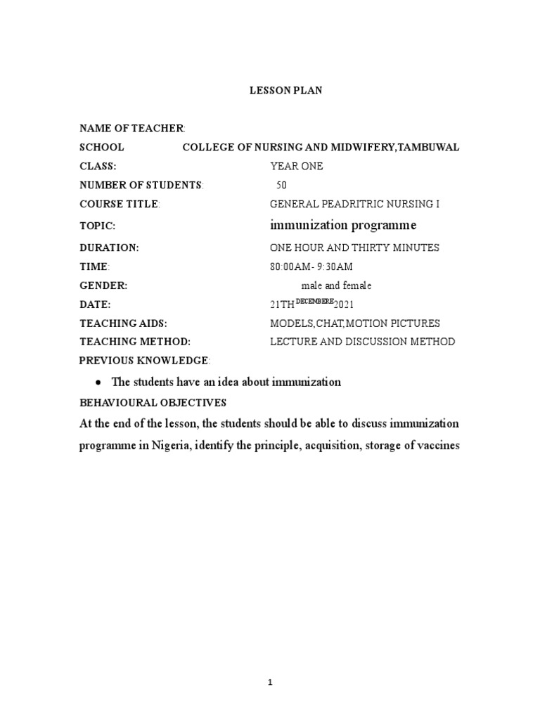 LESSON PLAN On Immunization Programme | PDF | Teachers | Lesson Plan