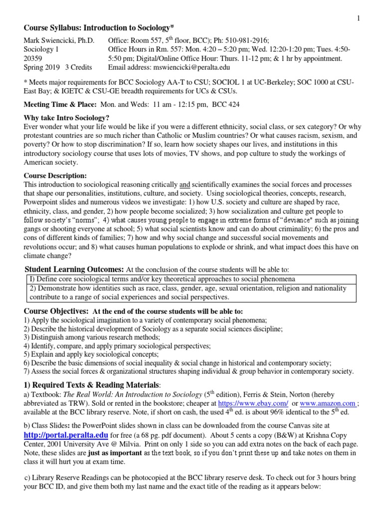 Introduction to Sociology Syllabus and Course Overview | PDF ...
