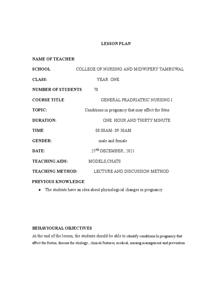 LESSON PLAN On Conditions in Pregnancy | PDF | Blood Pressure | Diabetes