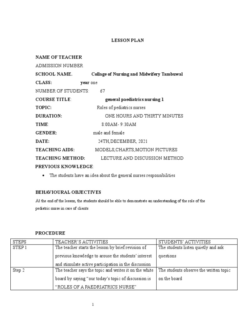 LESSON PLAN On Paedritric Nurse Roles | PDF | Nursing | Pediatrics